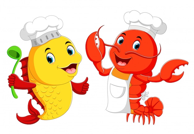 Schattig kreeft chef-kok en vis chef-kok cartoon | Premium Vector Schattig kreeft chef-kok en vis chef-kok cartoon | Premium Vector